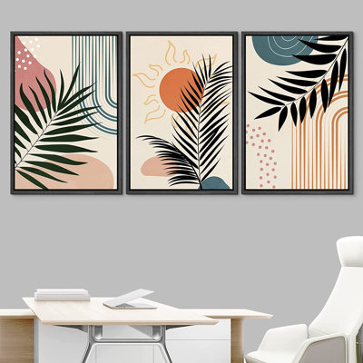 IDEA4WALL Unique Tropical Jungle Leaf Mid Century Modern Boho Framed Pictures Canvas 3 Pieces ...